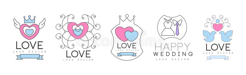Happy Wedding Logo Design with Marriage Ceremony Element Vector Set ...