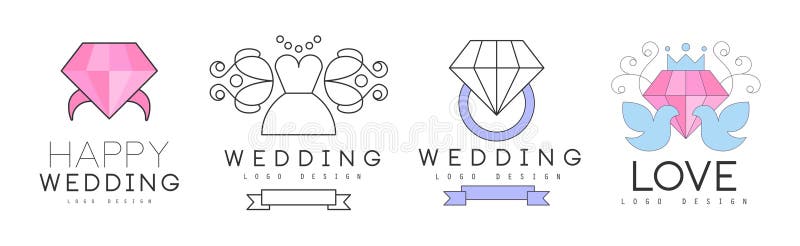 Happy Wedding Logo Design with Marriage Ceremony Element Vector Set ...