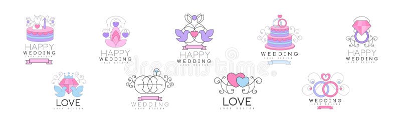 Happy Wedding Logo Design with Marriage Ceremony Element Vector Set ...