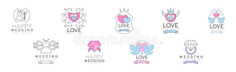 Happy Wedding Logo Design with Marriage Ceremony Element Vector Set ...