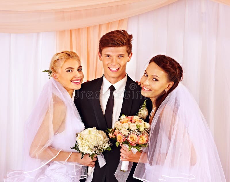 Happy Wedding Man and Two Bride. Stock Image - Image of honeymoon ...