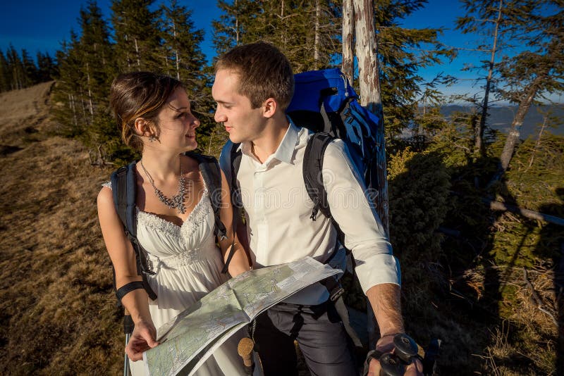 Happy Wedding Tourist Couple with Map Lovingly Look at Each Other Stock ...