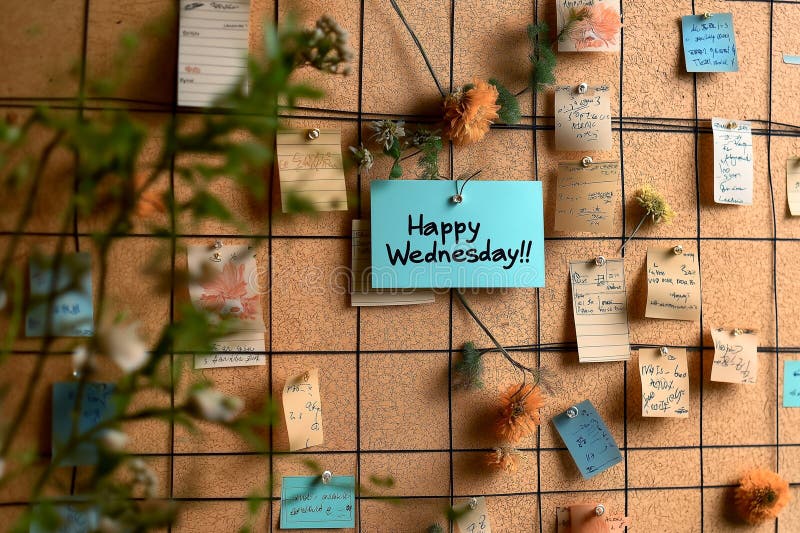 Happy Wednesday Memo Note Pinned To a Corkboard with Notes and Greenery ...