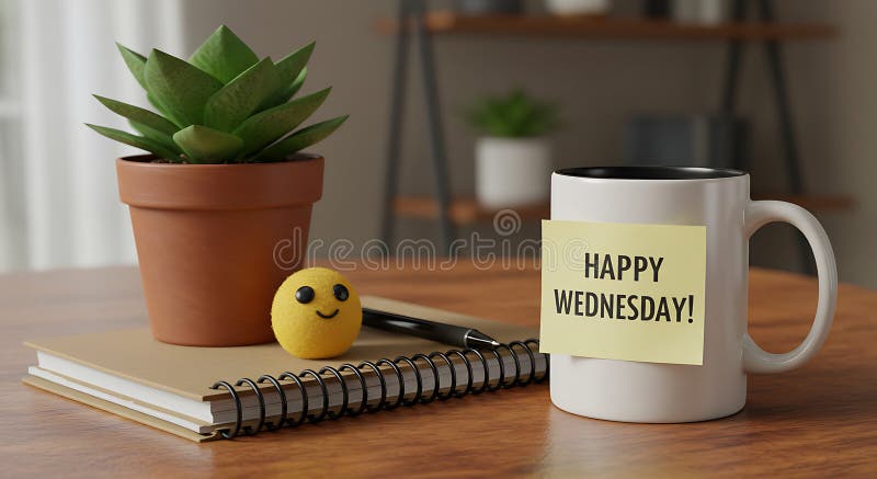 Happy Wednesday Workspace Featuring a Potted Plant, Mug, Notebook and ...