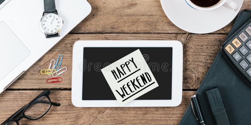 Happy, Weekend on Note on Phone on Office Desktop Stock Image - Image ...