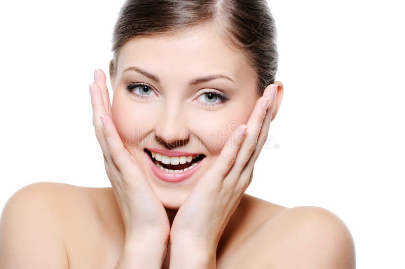 Happy Wellness Female Touching Face Stock Photo - Image of happy ...