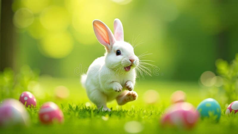 Happy White Easter Bunny Dancing in the Garden with Colored Eggs Stock ...