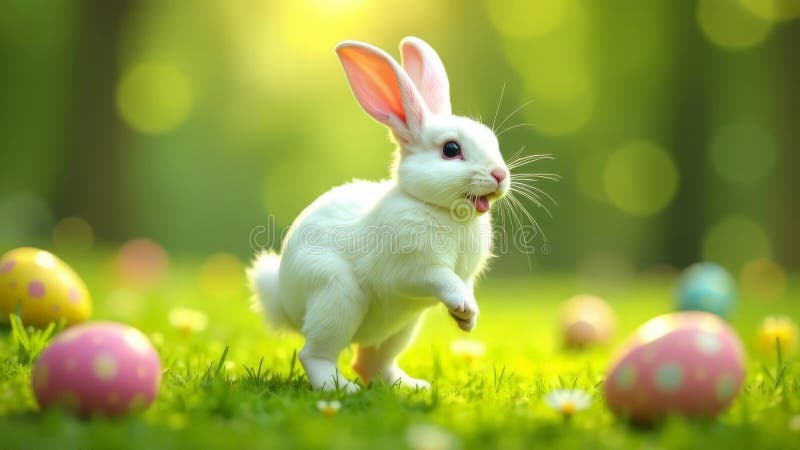 Happy White Easter Bunny Dancing in the Garden with Colored Eggs Stock ...