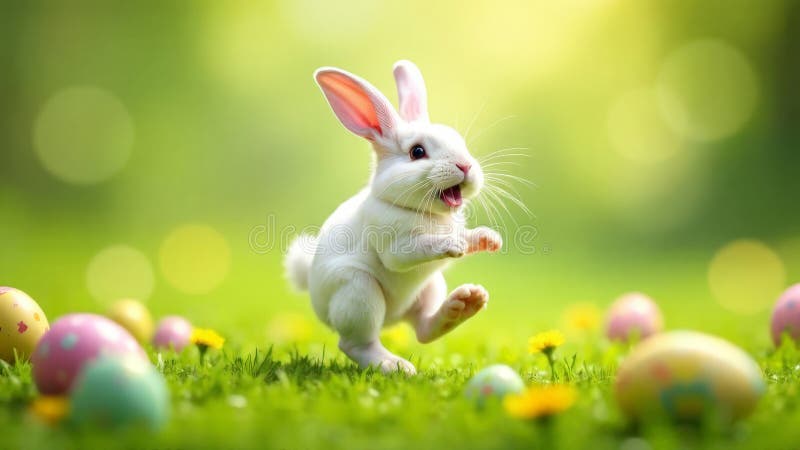 Happy White Easter Bunny Dancing in the Garden with Colored Eggs Stock ...