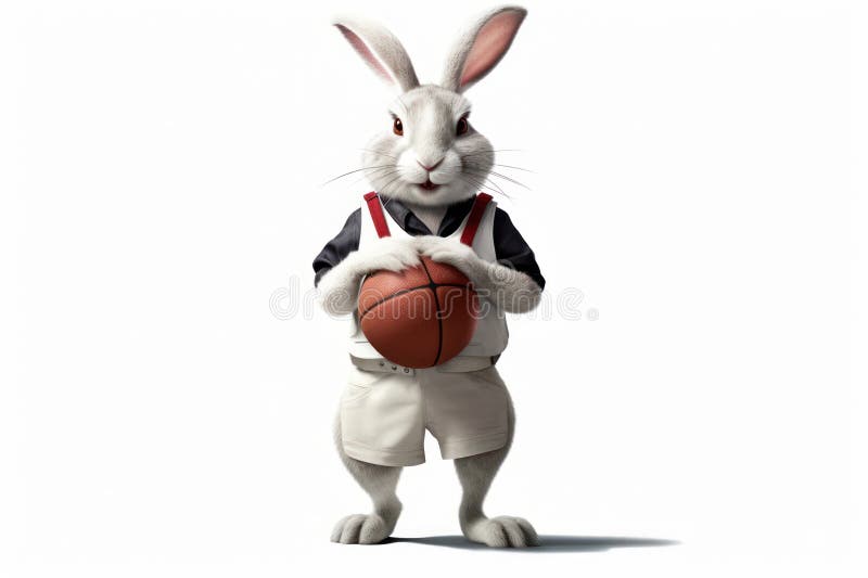 Happy White Rabbit in Basketball Uniform Posing Next To Basket Stock ...