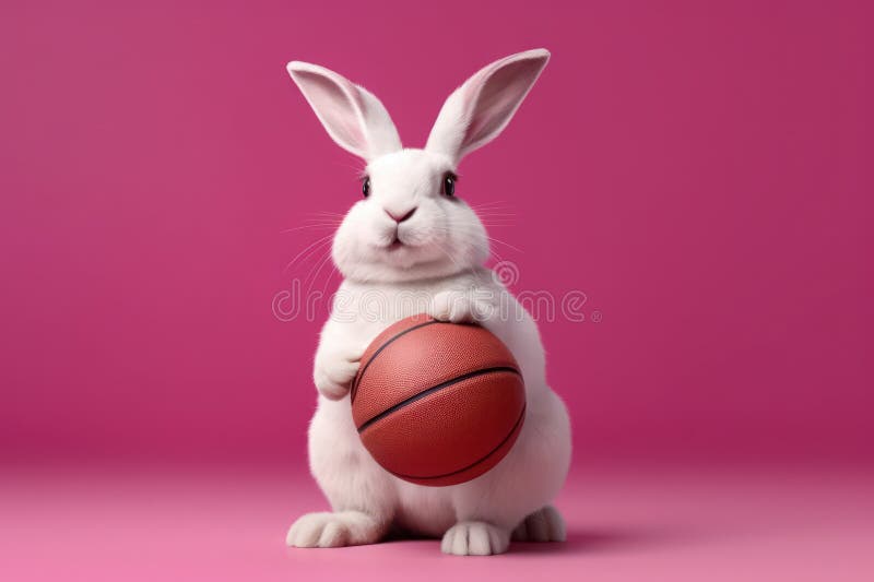 Happy White Rabbit in Basketball Uniform Posing Next To Basket Stock ...