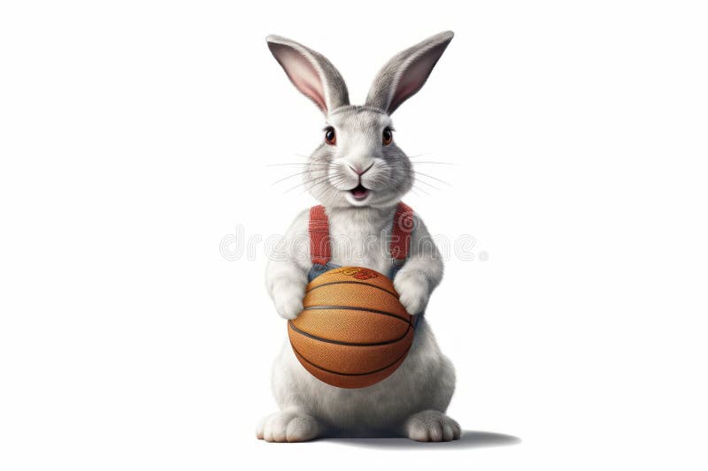 Happy White Rabbit in Basketball Uniform Posing Next To Basket Stock ...