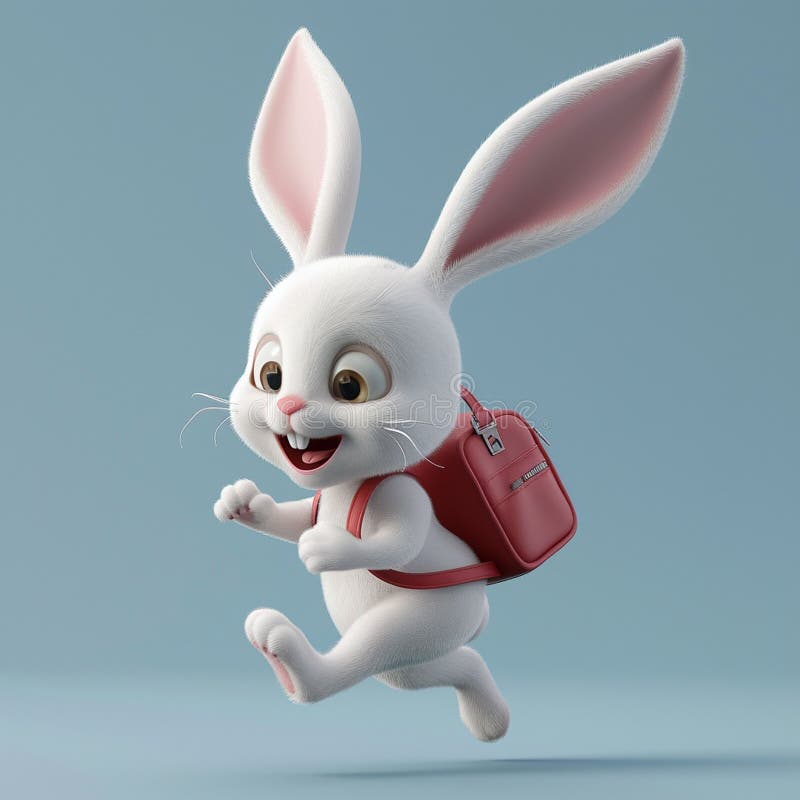 Happy White Rabbit Running with Red Backpack Stock Illustration ...