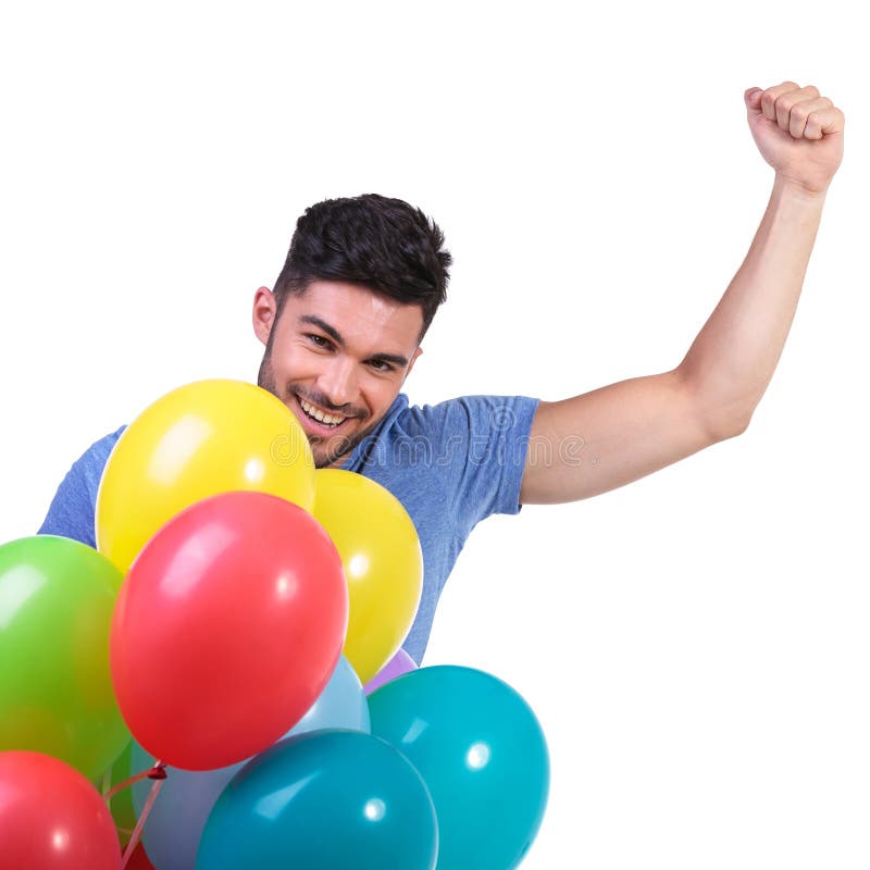 Happy Winner of a Bunch of Baloons Celebrating Stock Photo - Image of ...