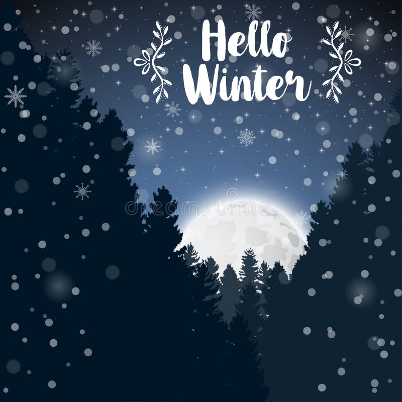Happy Winter with Evening Forest and Half Moonlight Stock Illustration ...