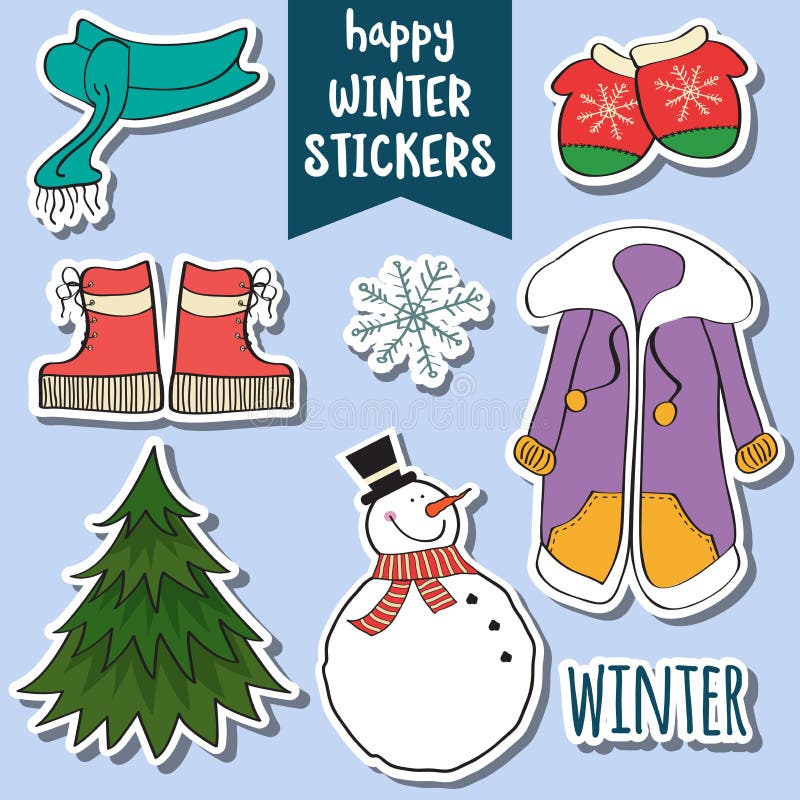 Happy Winter Stickers Collection Stock Vector - Illustration of vector ...