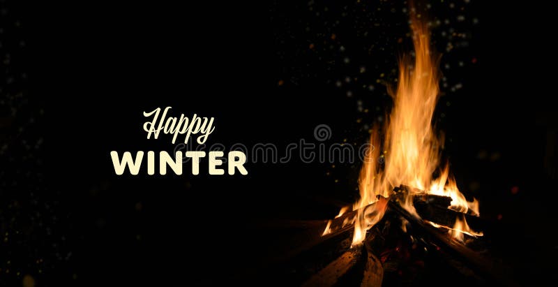 Happy Winter Theme with Wood Fire on Black Banner Stock Image - Image ...
