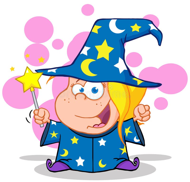 Happy Wizard Girl Waving with Magic Wand Stock Vector - Illustration of ...