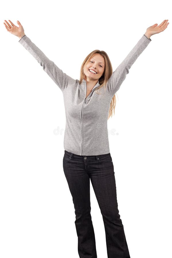 Happy Woman with Arms in the Air Stock Image - Image of studio, person ...