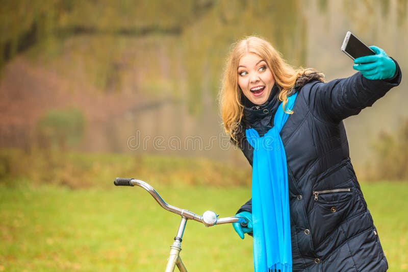 Happy Woman With Bike In Park Taking Selfie Photo Stock Image Image
