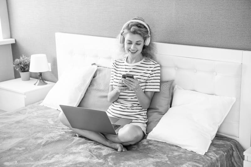 Happy Woman Blogger Has Remote Work. Remote Working Woman Blogger at ...