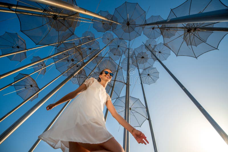 Happy Woman on the Blue Abstract Background Editorial Stock Image ...