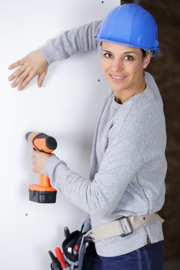 Happy Woman Builder Holding Drill Tool Stock Photo - Image of equipment ...