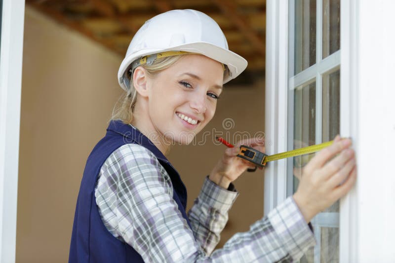 Happy Woman Builder Measuring Window Stock Photo - Image of driver ...