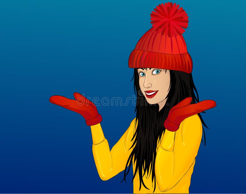 Happy Woman in a Cap and Mittens Show Gesture with Both Hands Stock ...