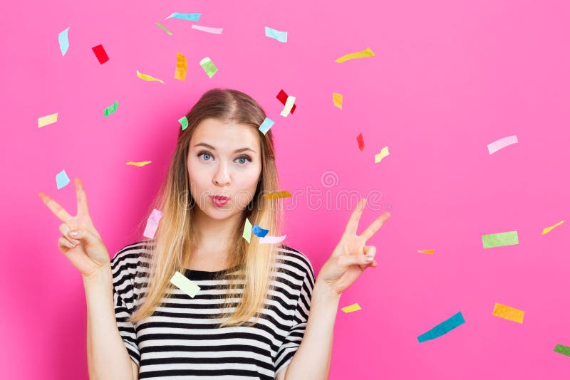 Happy Woman Celebrating with Confetti Stock Photo - Image of gesture ...
