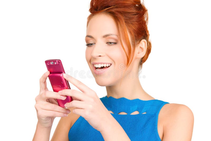 Happy Woman with Cell Phone Stock Image - Image of conversation ...
