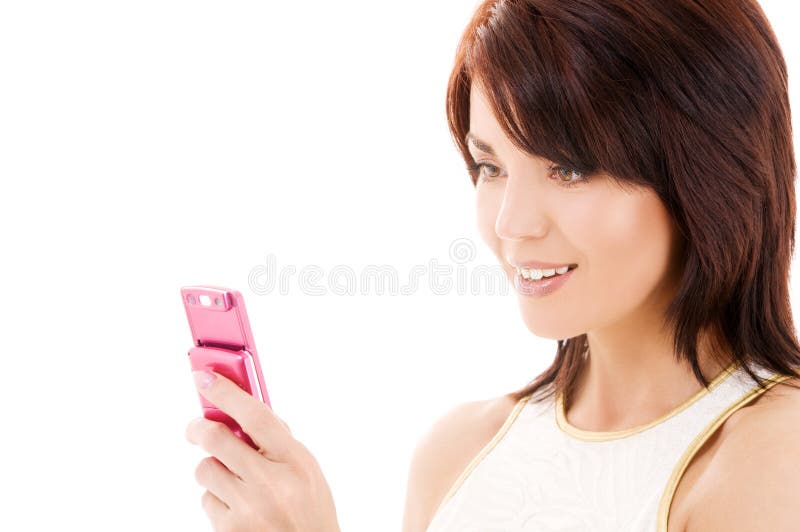 Happy Woman with Cell Phone Stock Image - Image of communication ...
