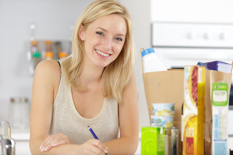 Happy Woman Checking Shopping List Stock Image - Image of healthy ...
