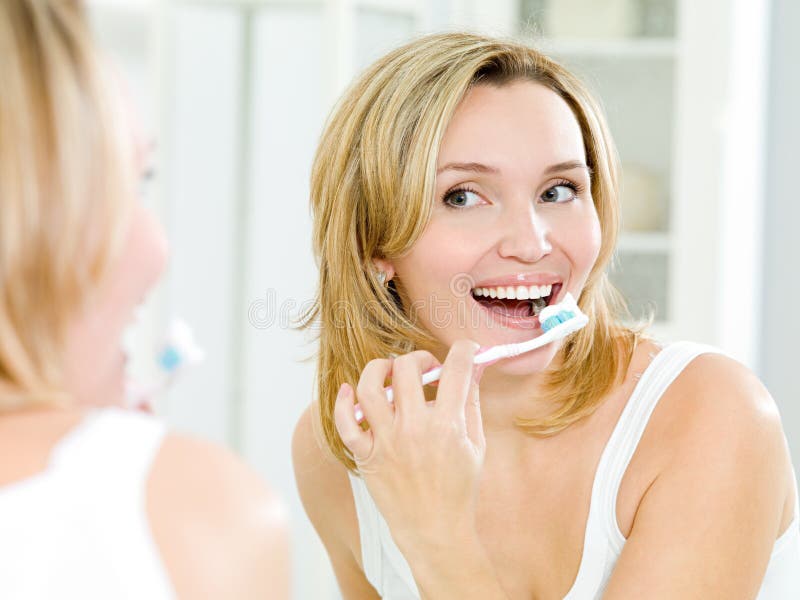 Happy Woman Cleaning Teeth with Toothbrush Stock Image - Image of teeth ...