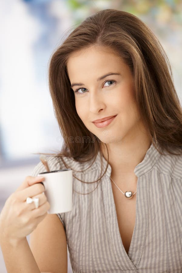 Happy woman with coffee stock image. Image of beautiful - 22049669