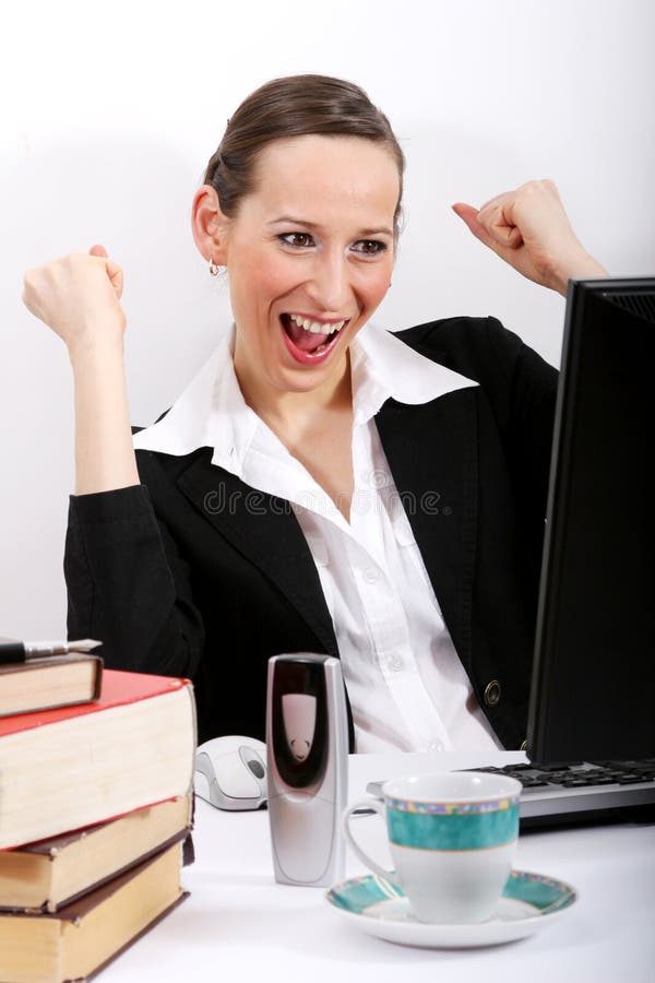 Happy woman at computer stock image. Image of success - 1982001