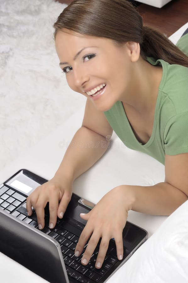 Happy Woman with a Computer Stock Photo - Image of gorgeous, expressing ...