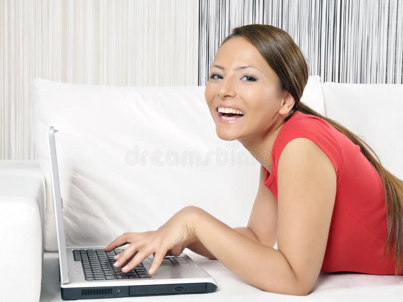 Happy Woman with a Computer Stock Photo - Image of information, college ...