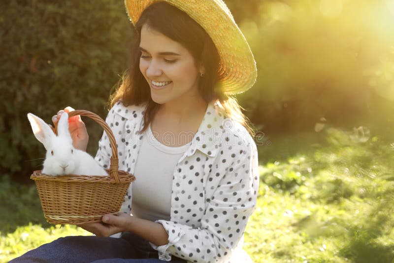 Happy Woman with Cute Rabbit on Green Grass Outdoors Stock Image ...