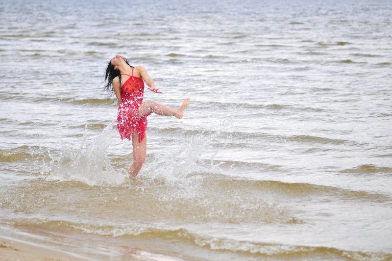 Happy Woman Dancing on the Beach Stock Photo - Image of relax, blue ...