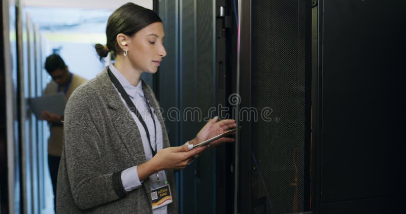 Happy Woman in Datacenter with Tablet, Smile and Network Administration ...