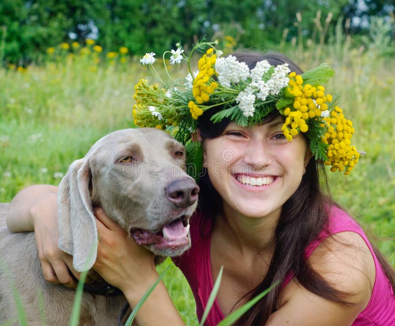 Happy woman and dog stock photo. Image of female, summer - 15351392