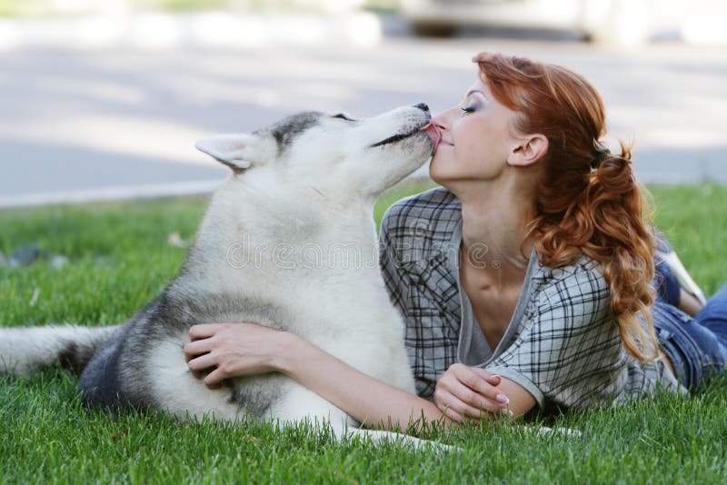 Happy Woman with Dog Haski Outdoors Stock Photo - Image of happiness ...