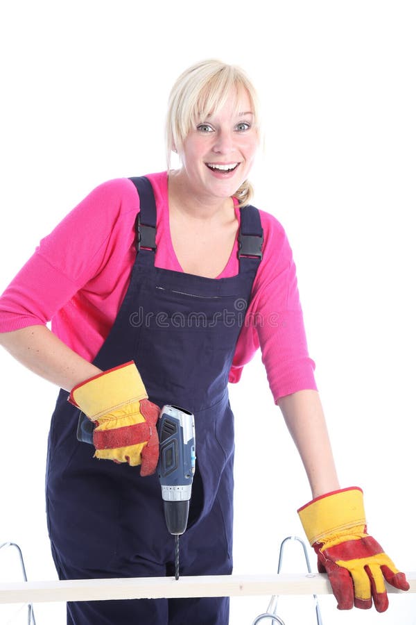 Happy Woman Doing DIY Renovations Stock Image - Image of hole, isolated ...