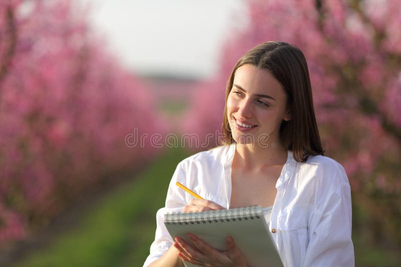 Happy Woman Drawing in a Notebook in a Field Stock Photo - Image of ...