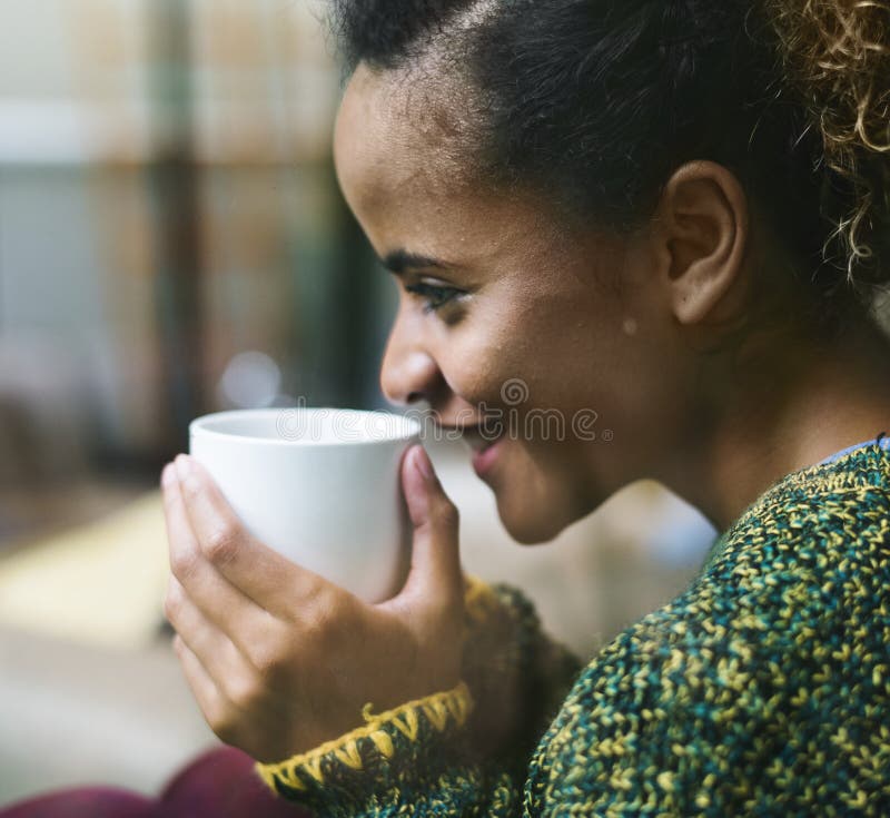 Happy Woman Drinking Hot Coffee Stock Image - Image of group, happiness ...