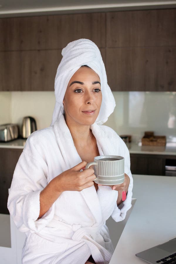 Happy Woman Drinking Tea at Home Stock Image - Image of table, cheerful ...