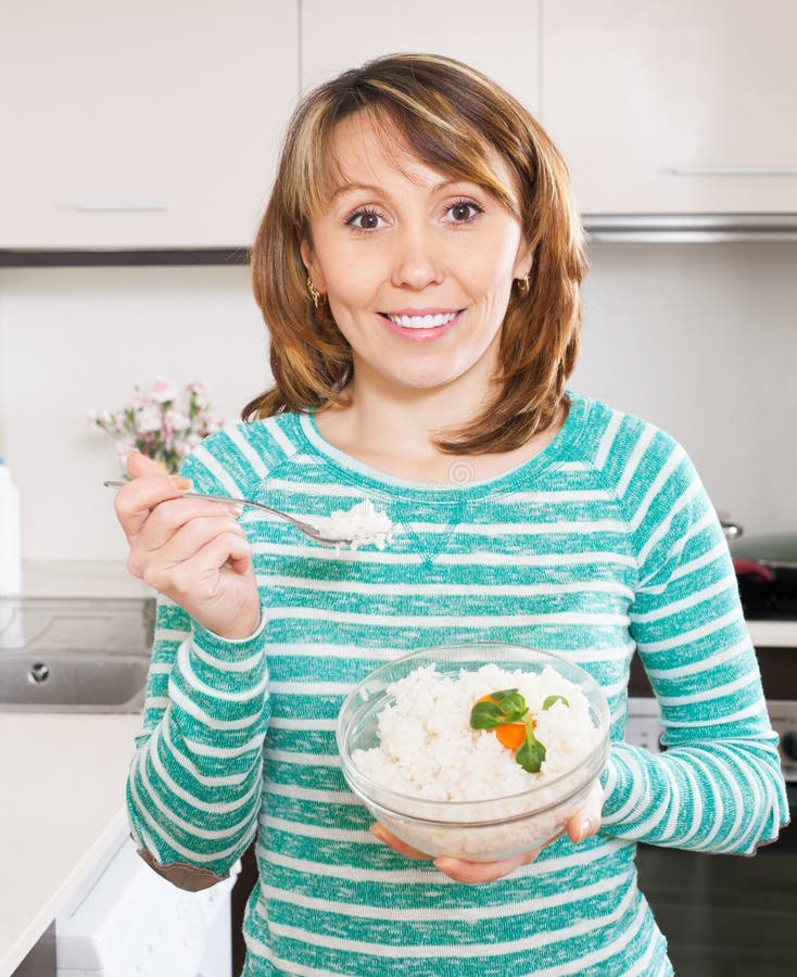 Happy Woman Eating Boiled Rice Stock Image - Image of porridge ...