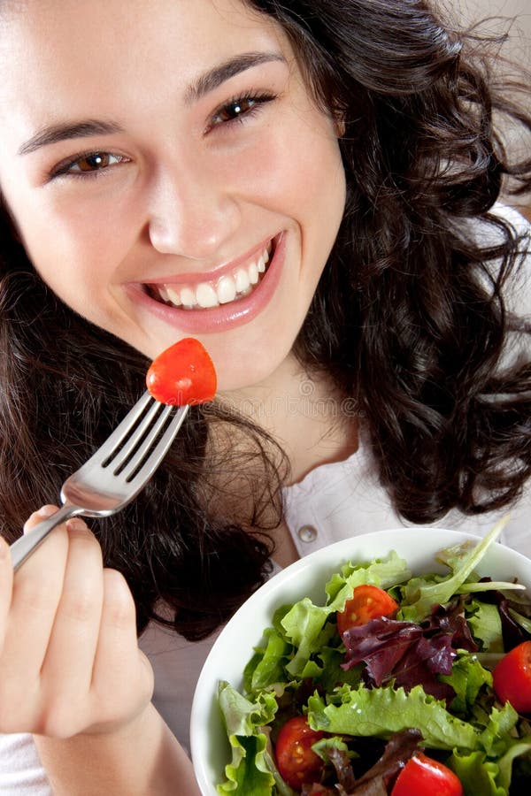 Healthy Lifestyle Woman Eating Salad Smiling Happy Stock Photo - Image ...