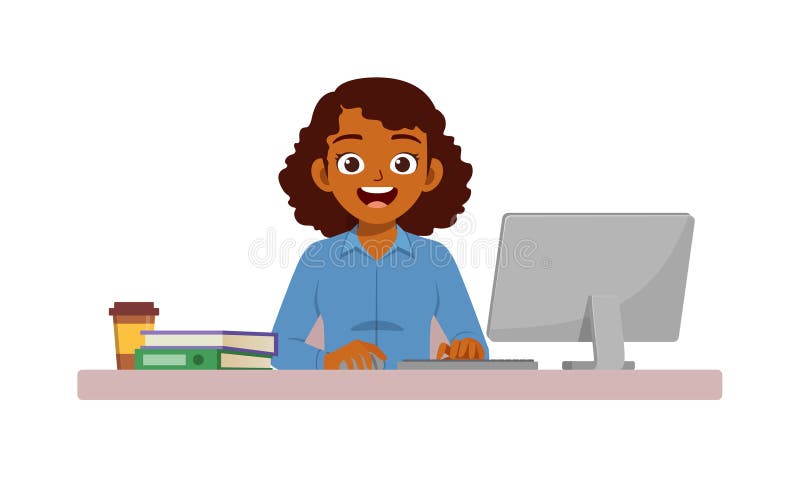 Happy Woman Employee Sit in Desk Working on Office with Computer Stock ...